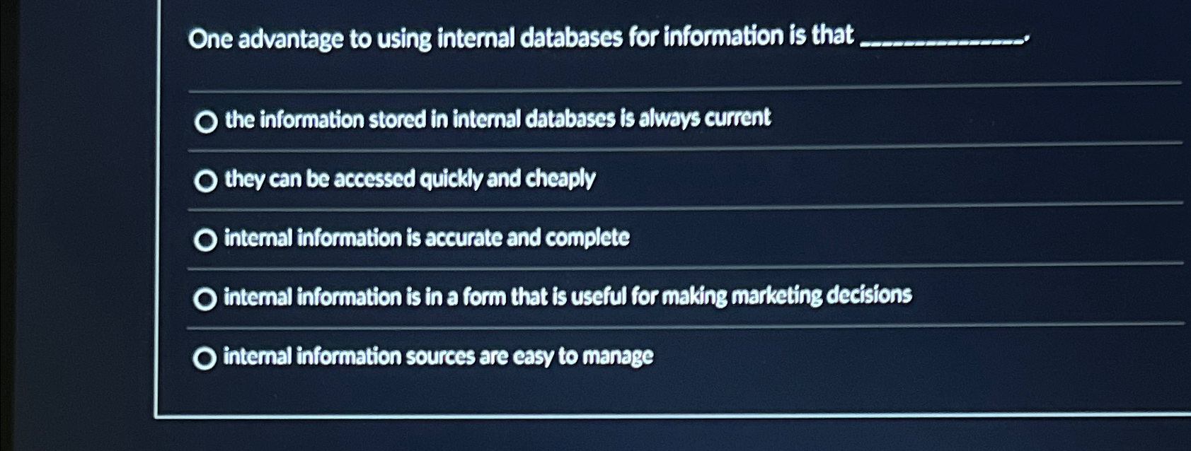Solved One advantage to using internal databases for | Chegg.com