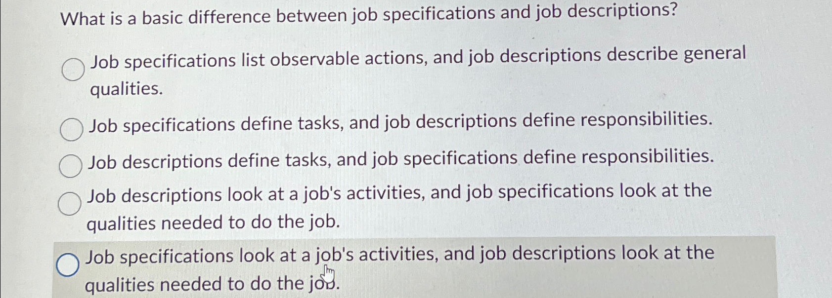 Solved What is a basic difference between job specifications | Chegg.com