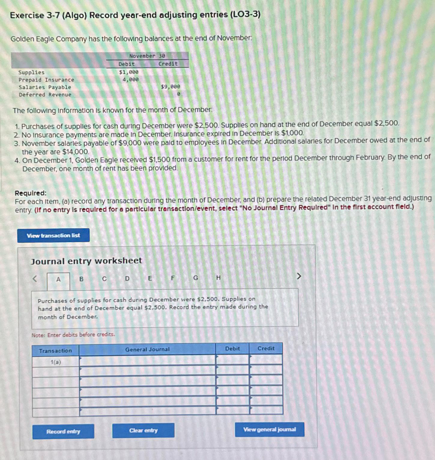 Solved Exercise 3-7 (Algo) ﻿Record year-end adjusting | Chegg.com