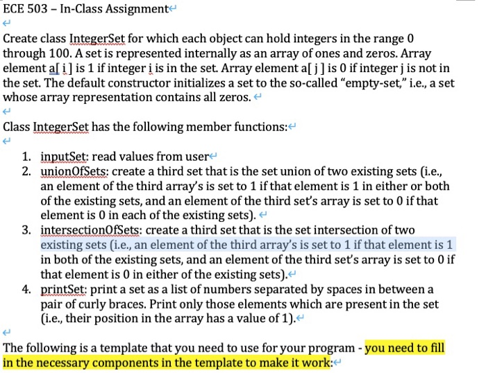 Solved ECE 503 - In-Class Assignment Create class IntegerSet | Chegg.com