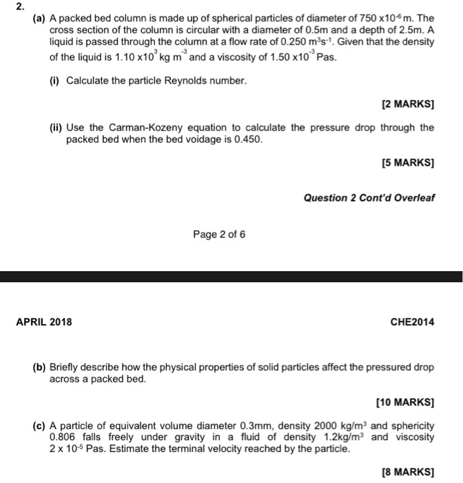 Solved 2. (a) A packed bed column is made up of spherical | Chegg.com