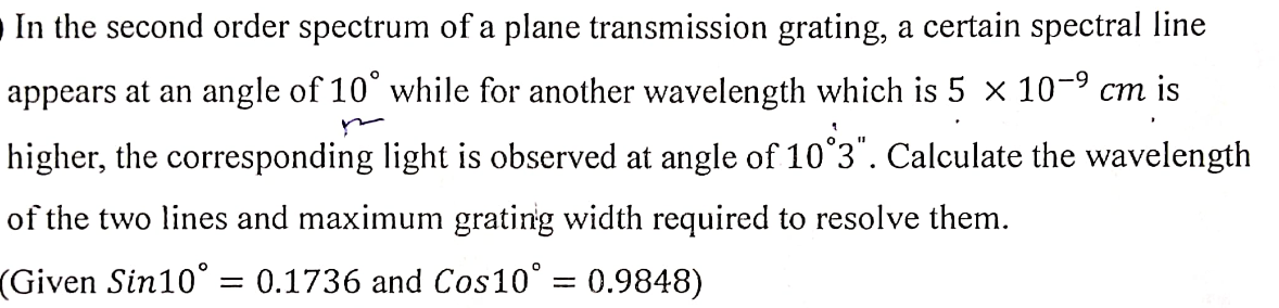 Solved In the second order spectrum of a plane transmission | Chegg.com