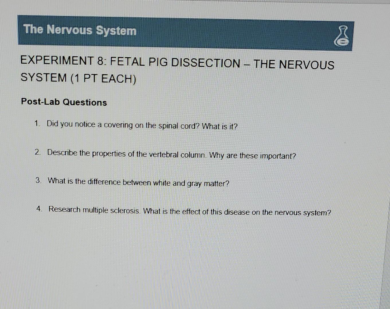 Solved The Nervous System EXPERIMENT 8: FETAL PIG DISSECTION | Chegg.com