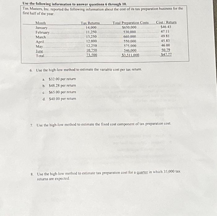 Solved Use the following information to answer questions 6 | Chegg.com