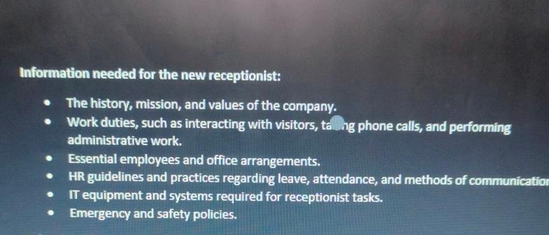 Solved Information needed for the new receptionist:The | Chegg.com
