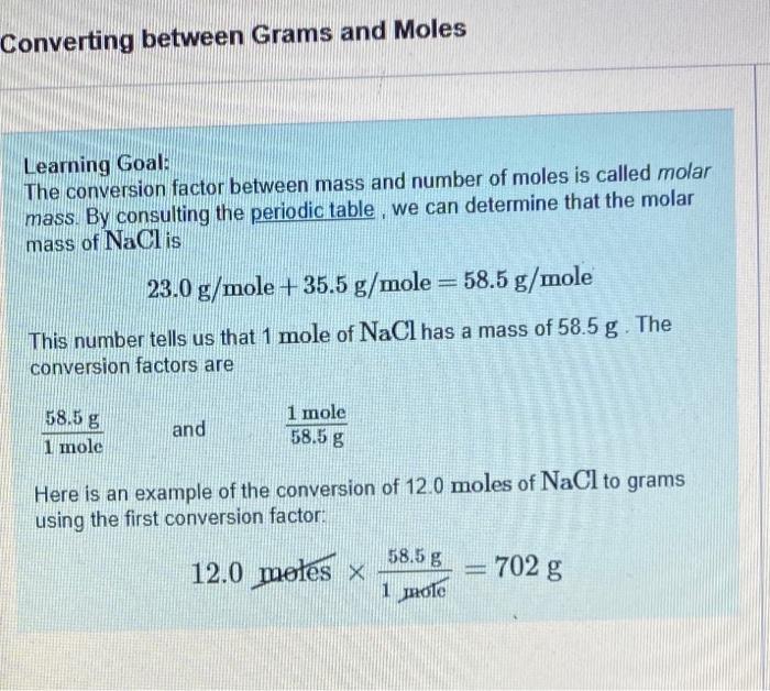 Solved Converting between Grams and Moles Learning Goal: The | Chegg.com