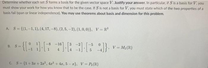 Solved Determine whether each set S forms a basis for the | Chegg.com