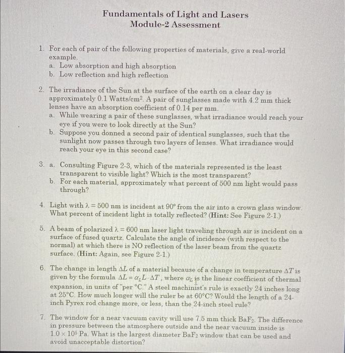 Solved Fundamentals of Light and Lasers Module-2 Assessment | Chegg.com