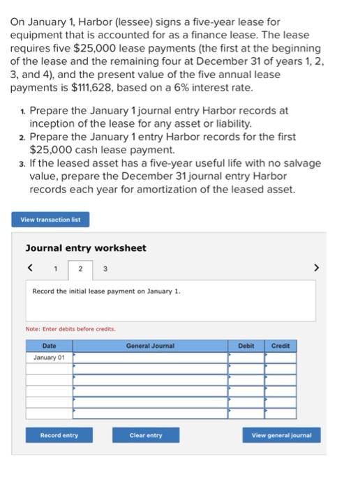 Solved On January 1, Harbor (lessee) signs a five-year lease | Chegg.com