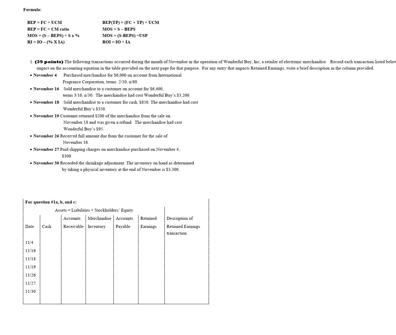 Solved Formula: BEP =FC +UCM BEP = FC + CM ratio MOS = (S - | Chegg.com