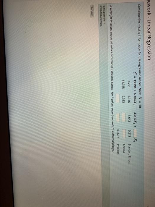 Solved mework - Linear Regression Complete the missing | Chegg.com