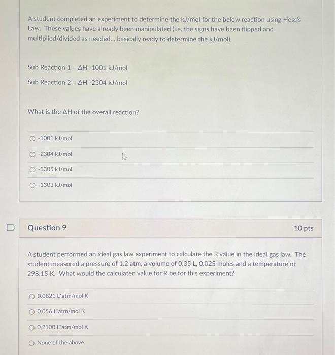 Solved A student completed an experiment to determine the | Chegg.com