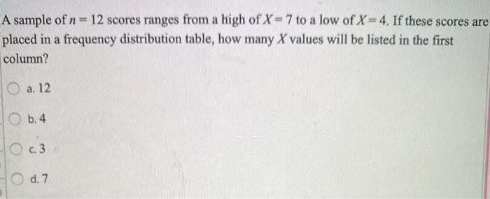 Solved A sample of n= 12 scores ranges from a high of X = 7 | Chegg.com