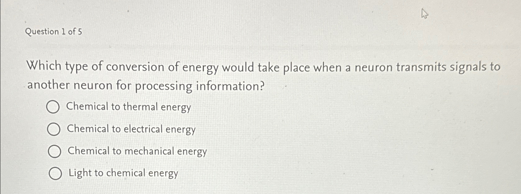Solved Question 1 ﻿of 5Which type of conversion of energy | Chegg.com