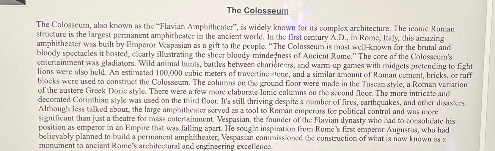 Solved The ColosseumThe Colosseum, also known as the | Chegg.com