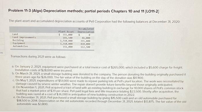 Solved Problem 11-3 (Algo) Depreciation methods; partial | Chegg.com