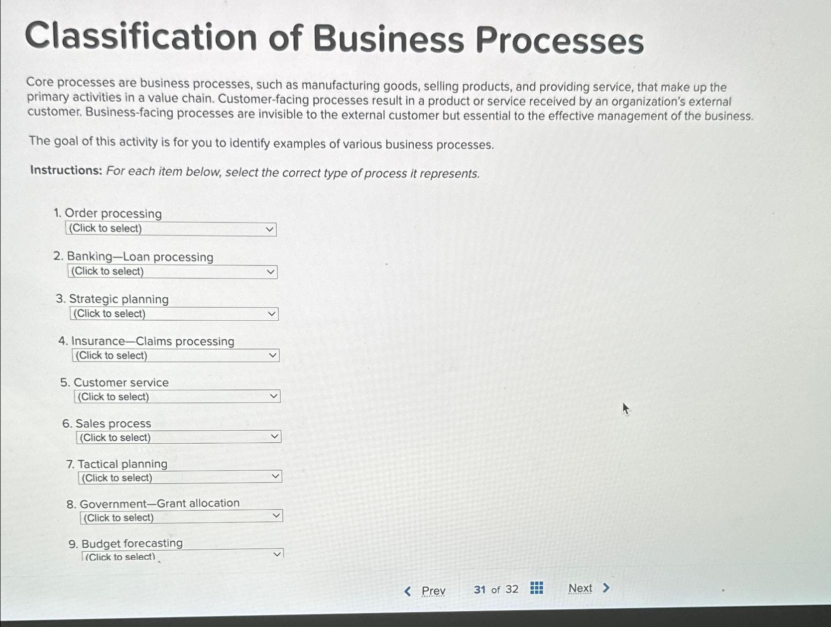 Solved Classification of Business ProcessesCore processes | Chegg.com