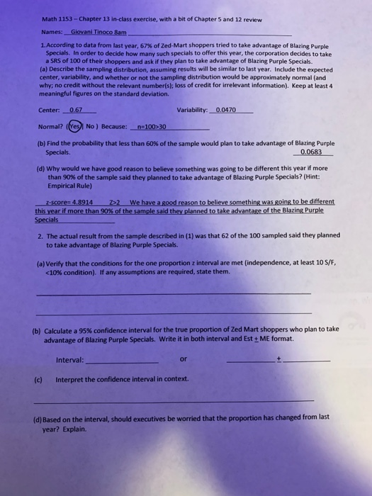 Solved Math 1153--Chapter 13 in-class exercise, with a bit | Chegg.com