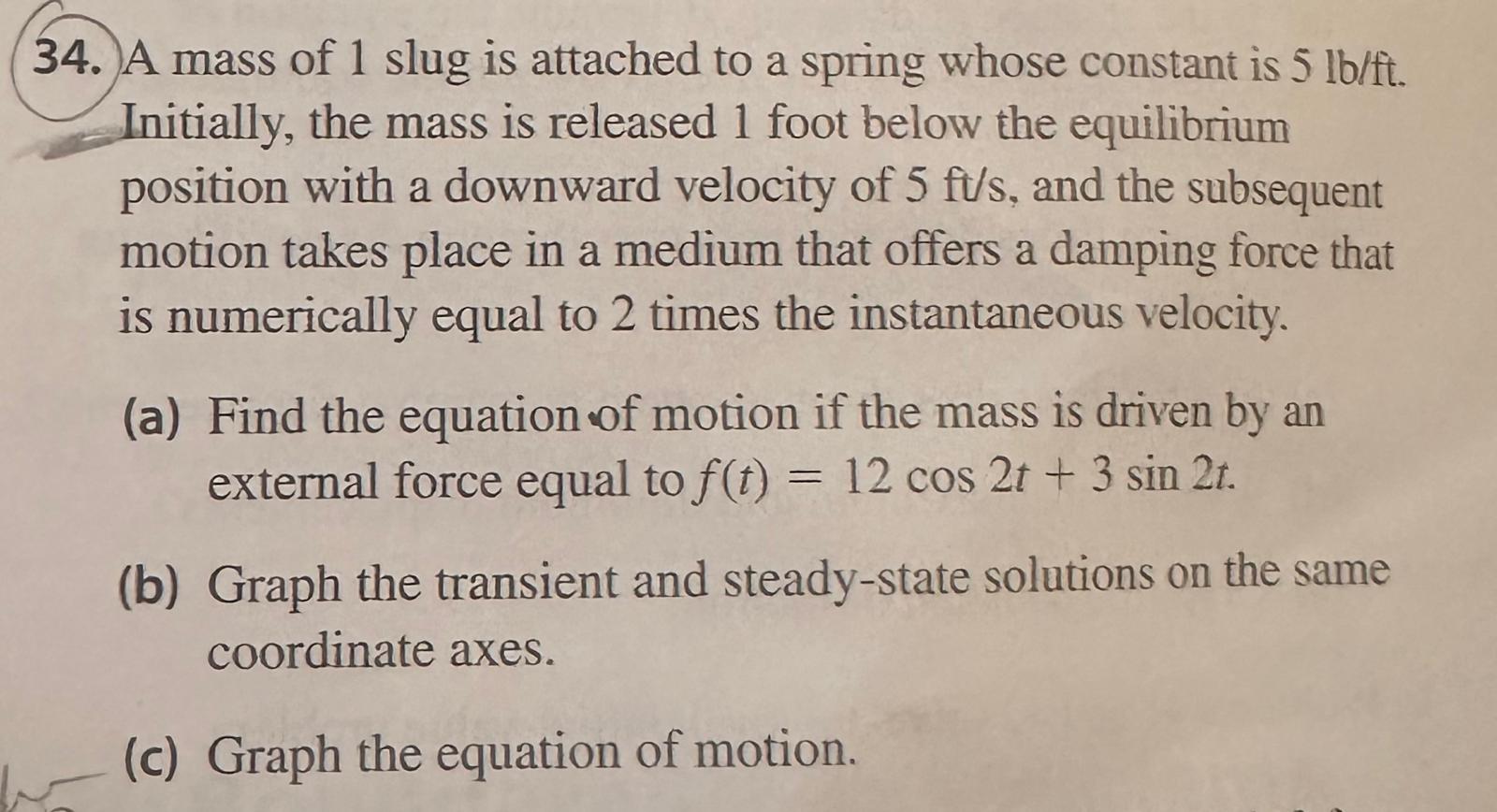 Solved A mass of 1 ﻿slug is attached to a spring whose | Chegg.com