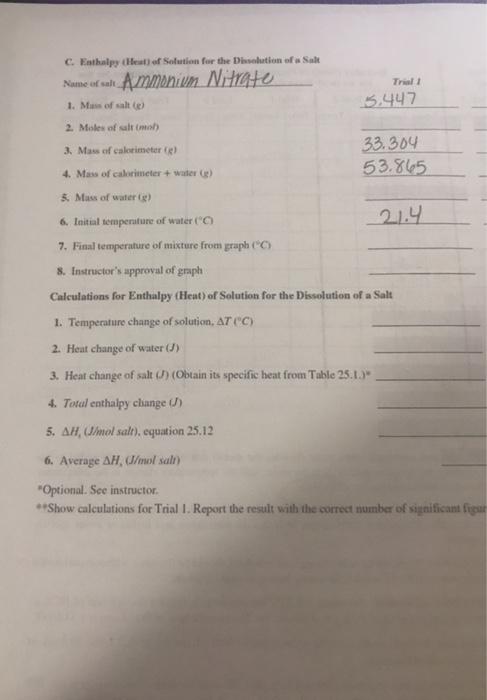 Solved Experiment 25 Report Sheet Calorimetry Date leb Sec | Chegg.com