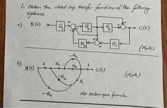 Solved 1. Obtain the closed-loop transfer fuoctions of the | Chegg.com
