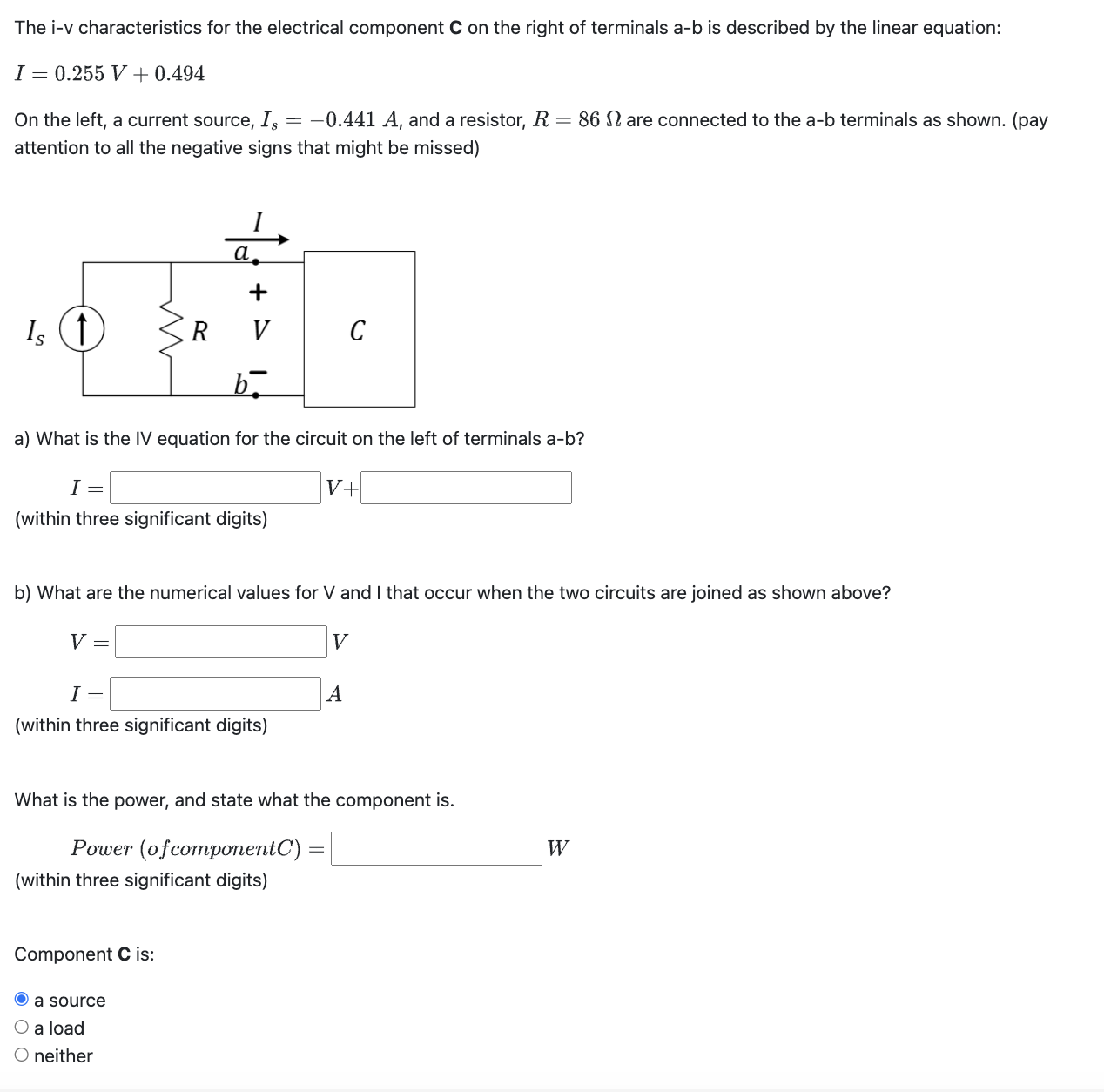 Solved The i-v ﻿characteristics for the electrical component | Chegg.com