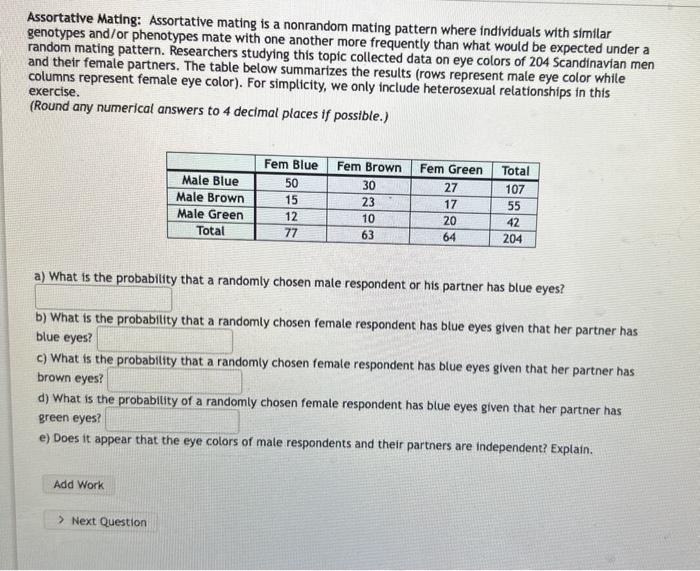Solved Assortative Mating: Assortative mating is a nonrandom | Chegg.com