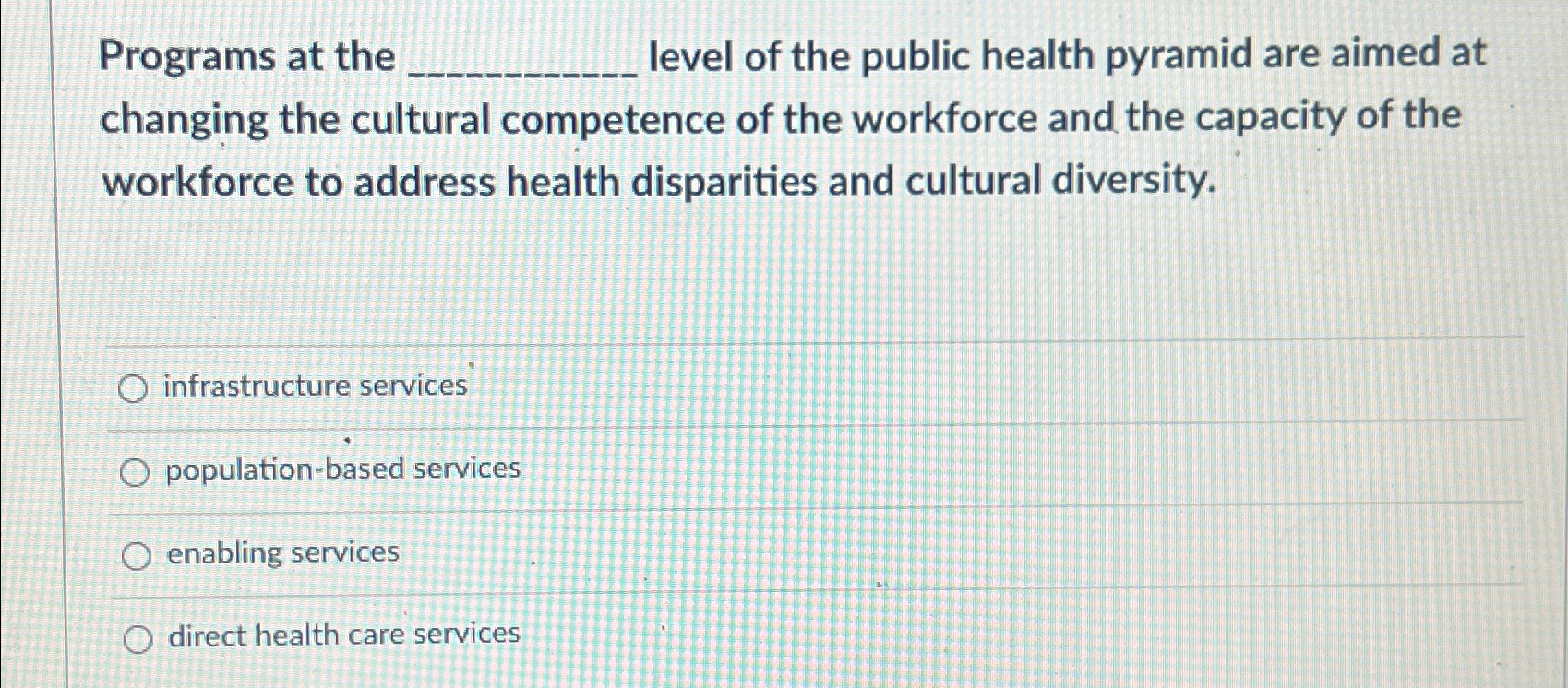 Solved Programs at the . ﻿level of the public health pyramid | Chegg.com