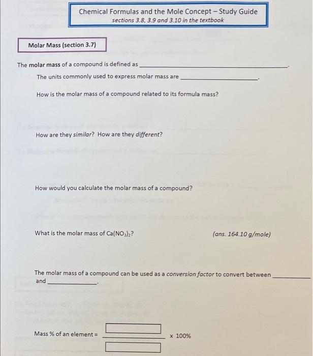 Solved Chemical Formulas and the Mole Concept - Study Guide | Chegg.com