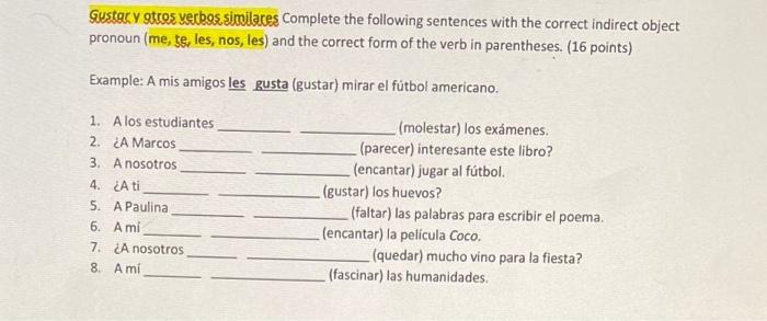 Solved Gustar y otros verbos similares Complete the | Chegg.com