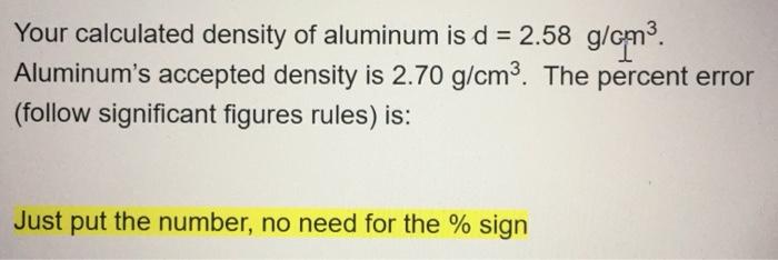 Solved Your calculated density of aluminum is d = 2.58 | Chegg.com
