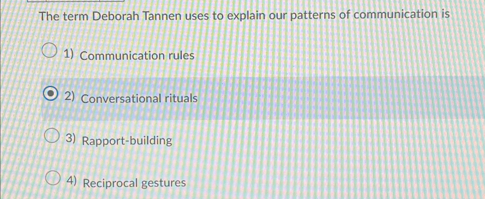 Solved The term Deborah Tannen uses to explain our patterns | Chegg.com