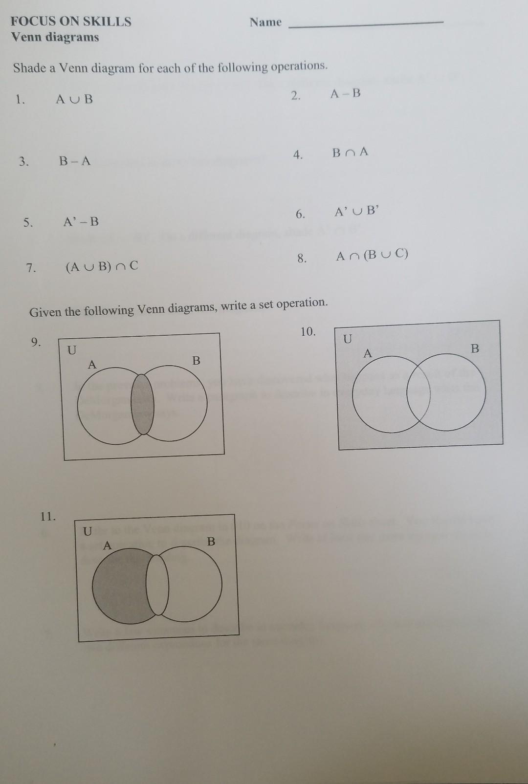Solved FOCUS ON SKILLS Name Venn diagrams Shade a Venn | Chegg.com