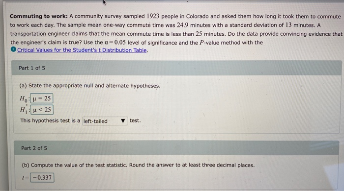 Solved Commuting to work: A community survey sampled 1923 | Chegg.com
