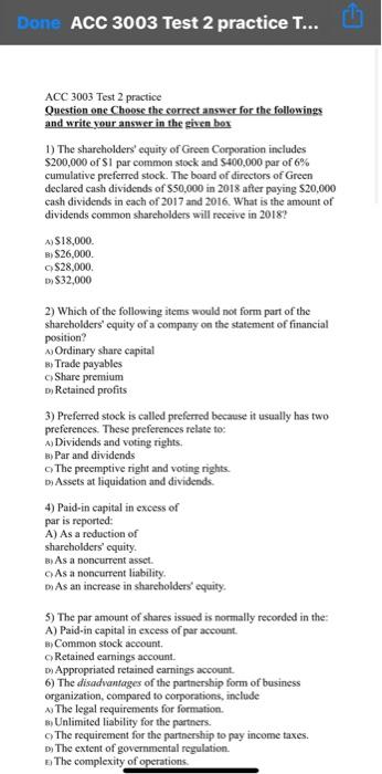 Solved Done ACC 3003 Test 2 practice T... ACC 3003 Test 2 | Chegg.com