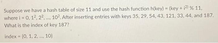 Suppose we have a hash table of size 11 and use the | Chegg.com
