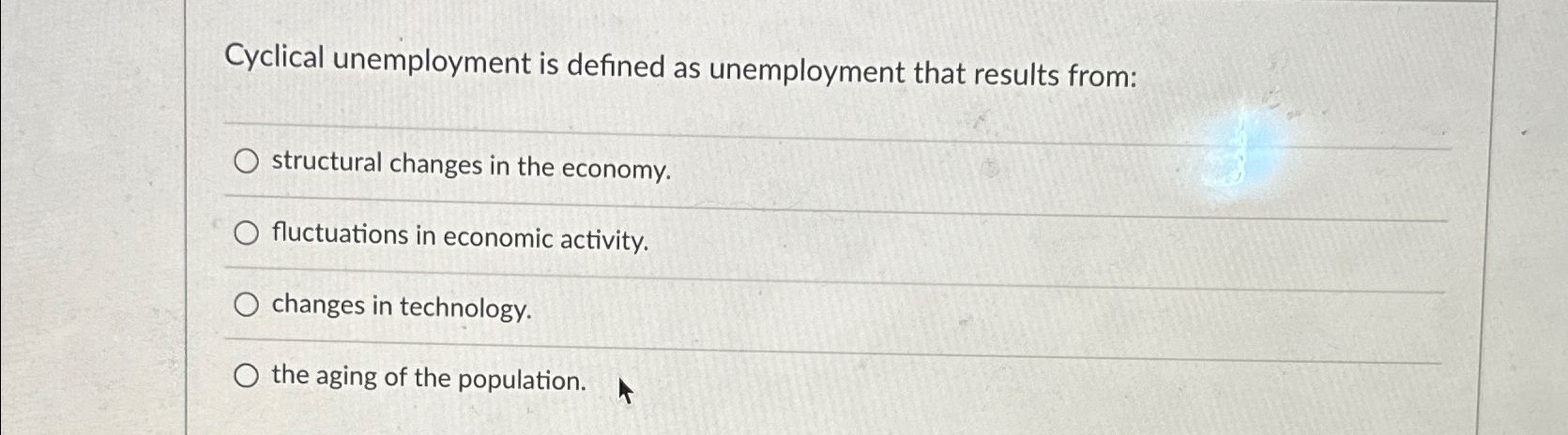 Solved Cyclical unemployment is defined as unemployment that | Chegg.com