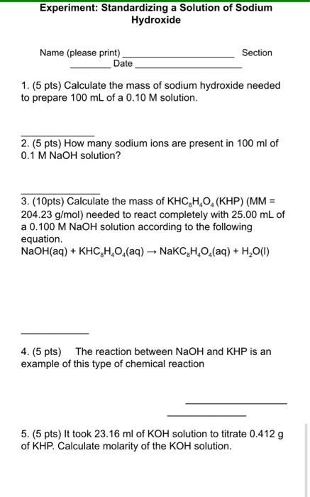 Solved Experiment: Standardizing a Solution of Sodium | Chegg.com