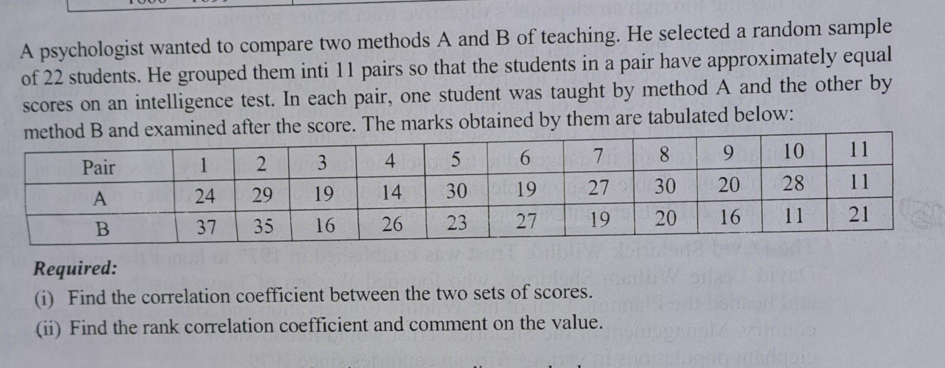 Solved A psychologist wanted to compare two methods A and B | Chegg.com