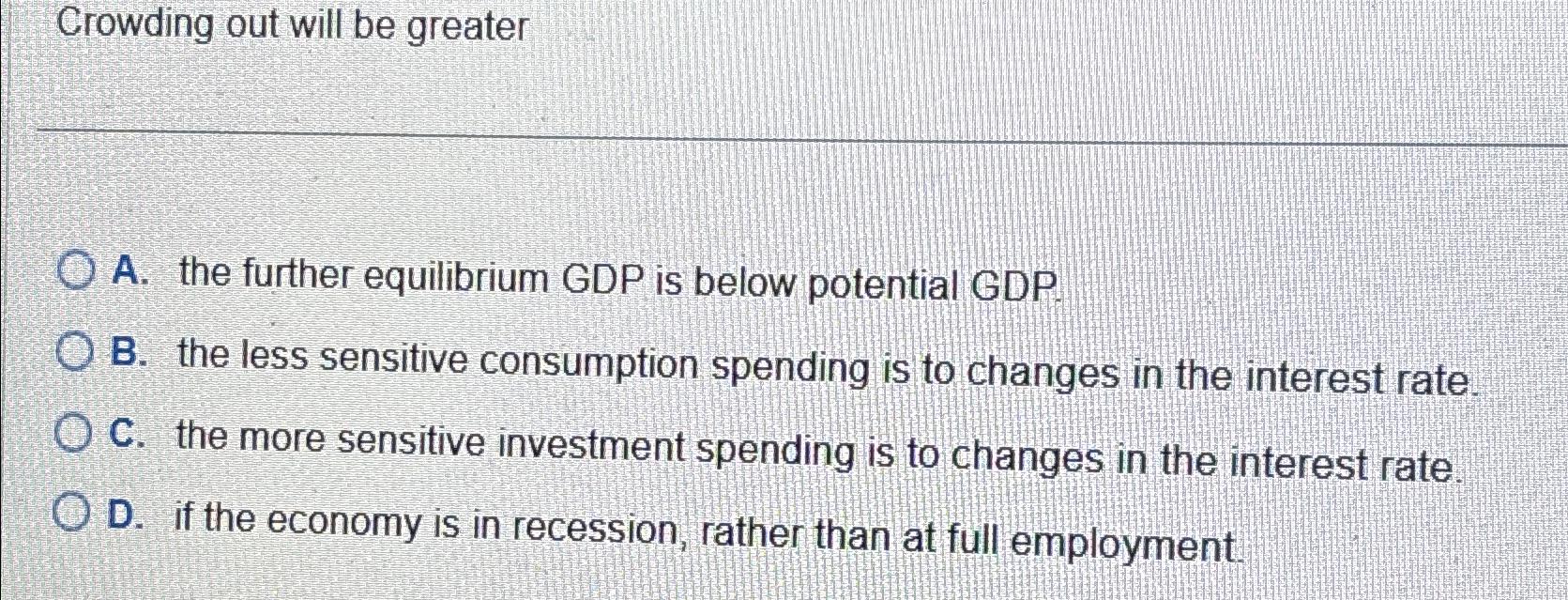 Solved Crowding out will be greaterA. ﻿the further | Chegg.com