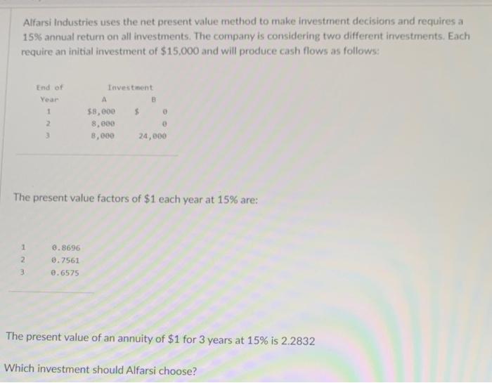 Solved Alfarsi Industries uses the net present value method | Chegg.com