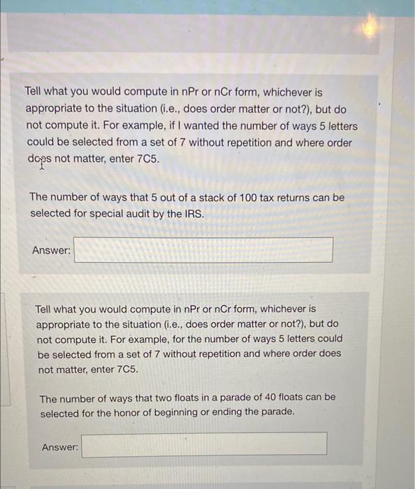 Solved Tell What You Would Compute In Npr Or Ncr Form