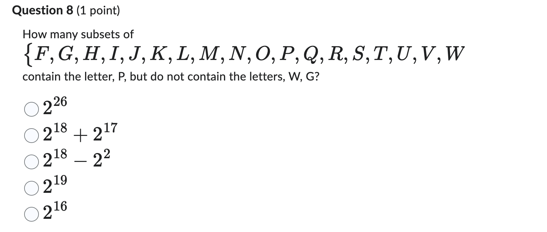 Solved Question 8 (1 ﻿point)How many subsets ofcontain the | Chegg.com