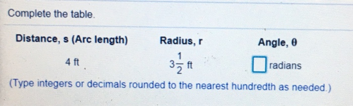Solved Complete the table. Distance, s (Arc length) Radius, | Chegg.com