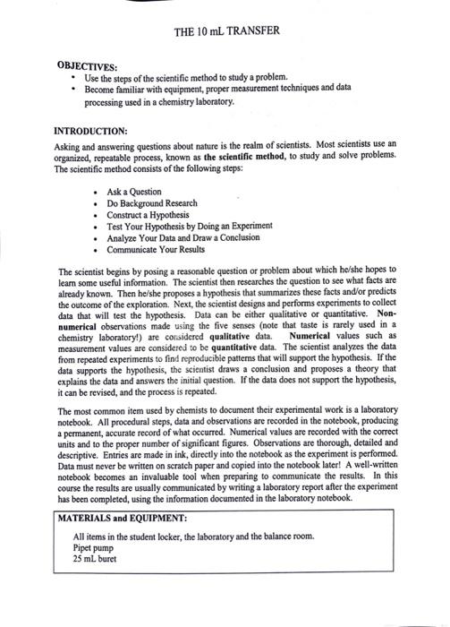 Solved THE 10 mL TRANSFER OBJECTIVES: • Use the steps of the | Chegg.com