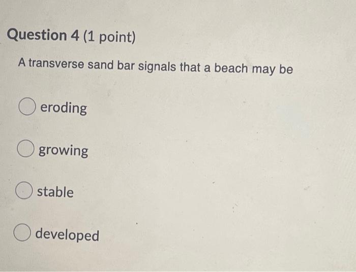 Solved Question 4 (1 point) A transverse sand bar signals | Chegg.com