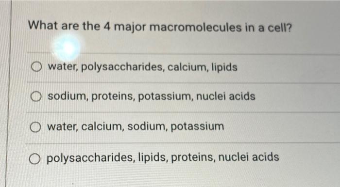 [Solved]: What are the 4 major macromolecules in a cell? wa