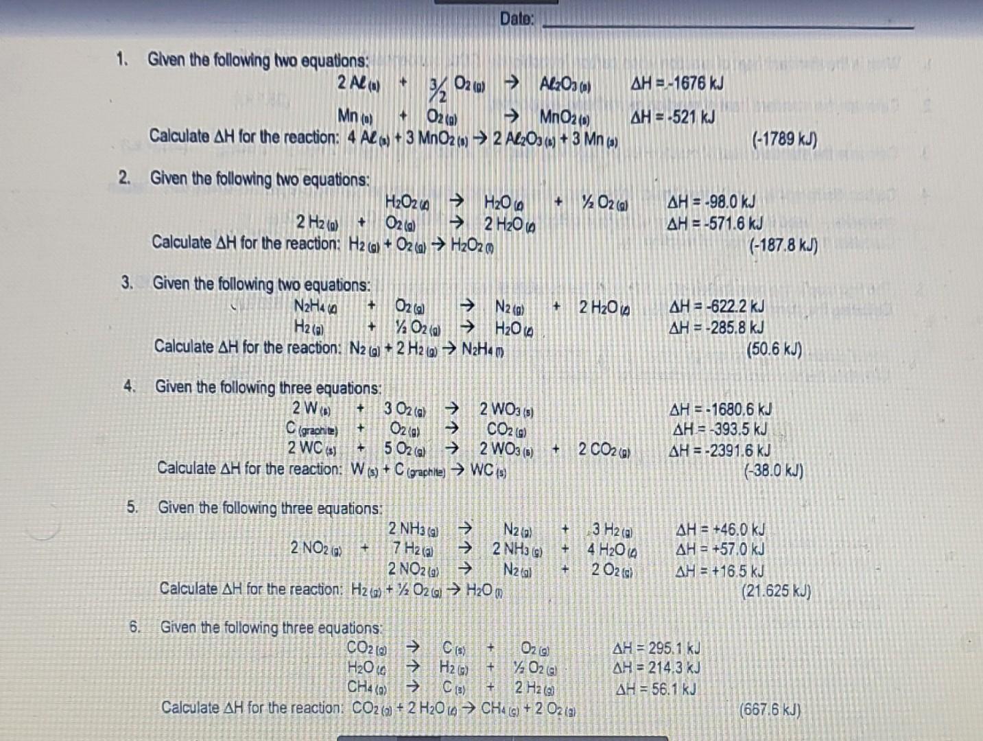 Solved Phase Change Thermochemistry Problems Date: 1. | Chegg.com