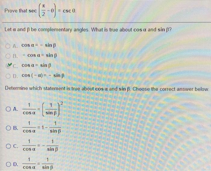 Solved Prove that sec = csc 0. Let a and B be complementary | Chegg.com