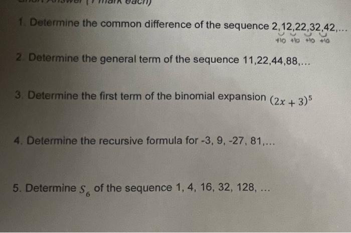 Solved 1. Determine the common difference of the sequence | Chegg.com